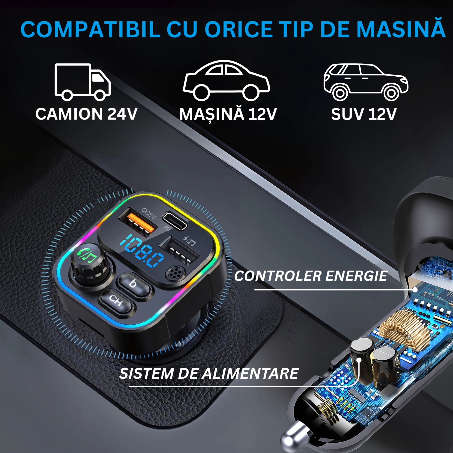 Modulator FM NETSTAT® Car Kit Bluetooth 5.3, Transmitator FM Auto 2 ...