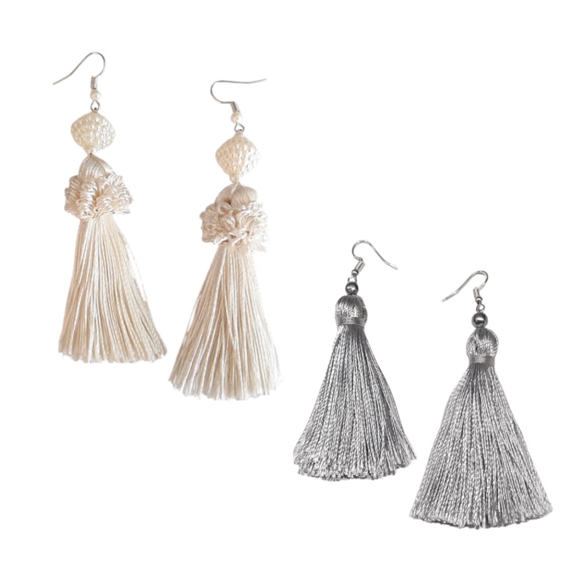 Set 2 perechi de cercei lungi franjuri, Eleganza, matase si perle, gri ...