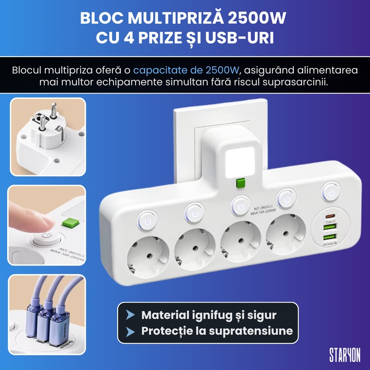 Bloc Multipriza / Priza Multipla 2500W Staryon®, 4 Prize Schuko + 2 ...