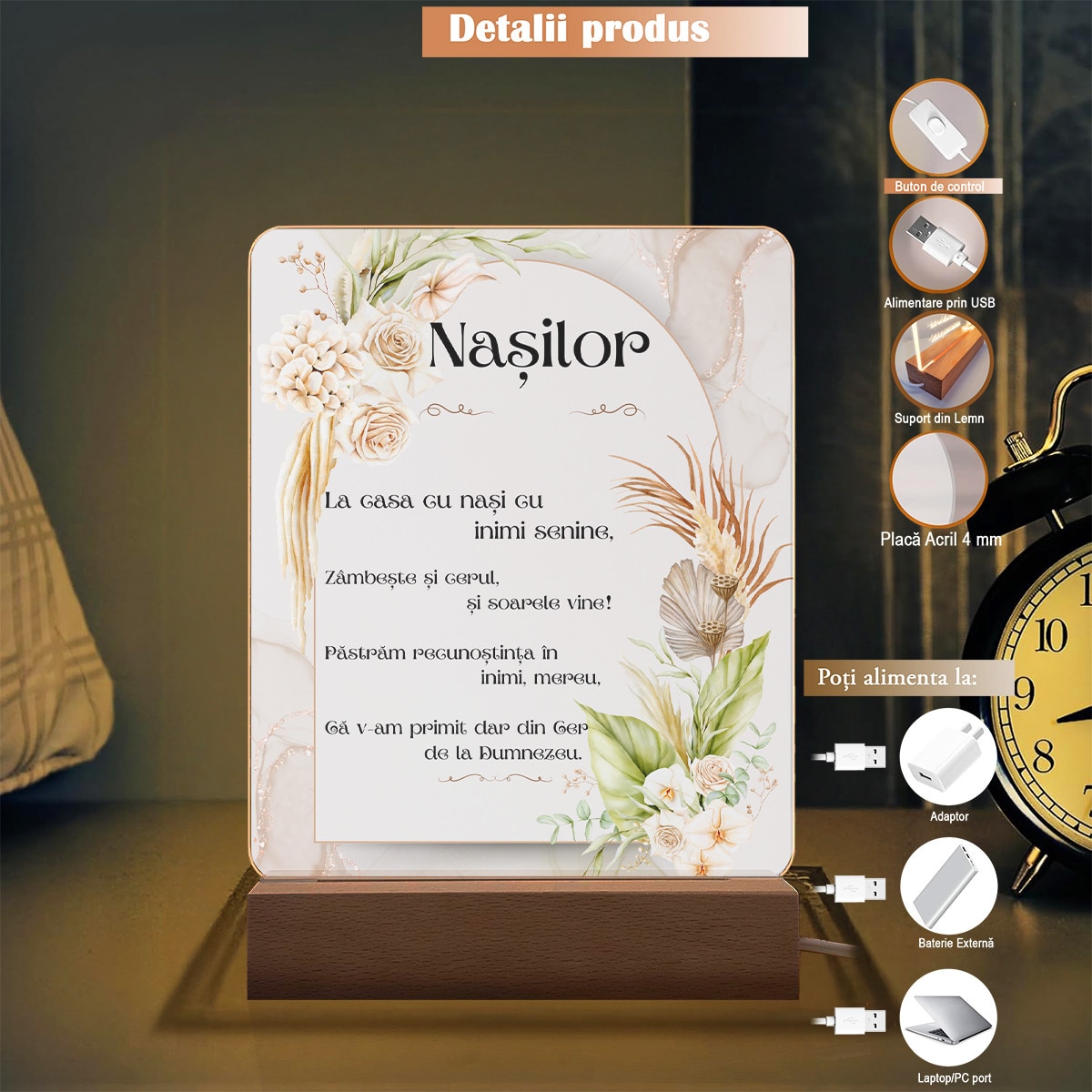 Set Cadou Pentru Nasi de la Fini, Lampa Acril 4mm, Mesaj `Nasilor La ...