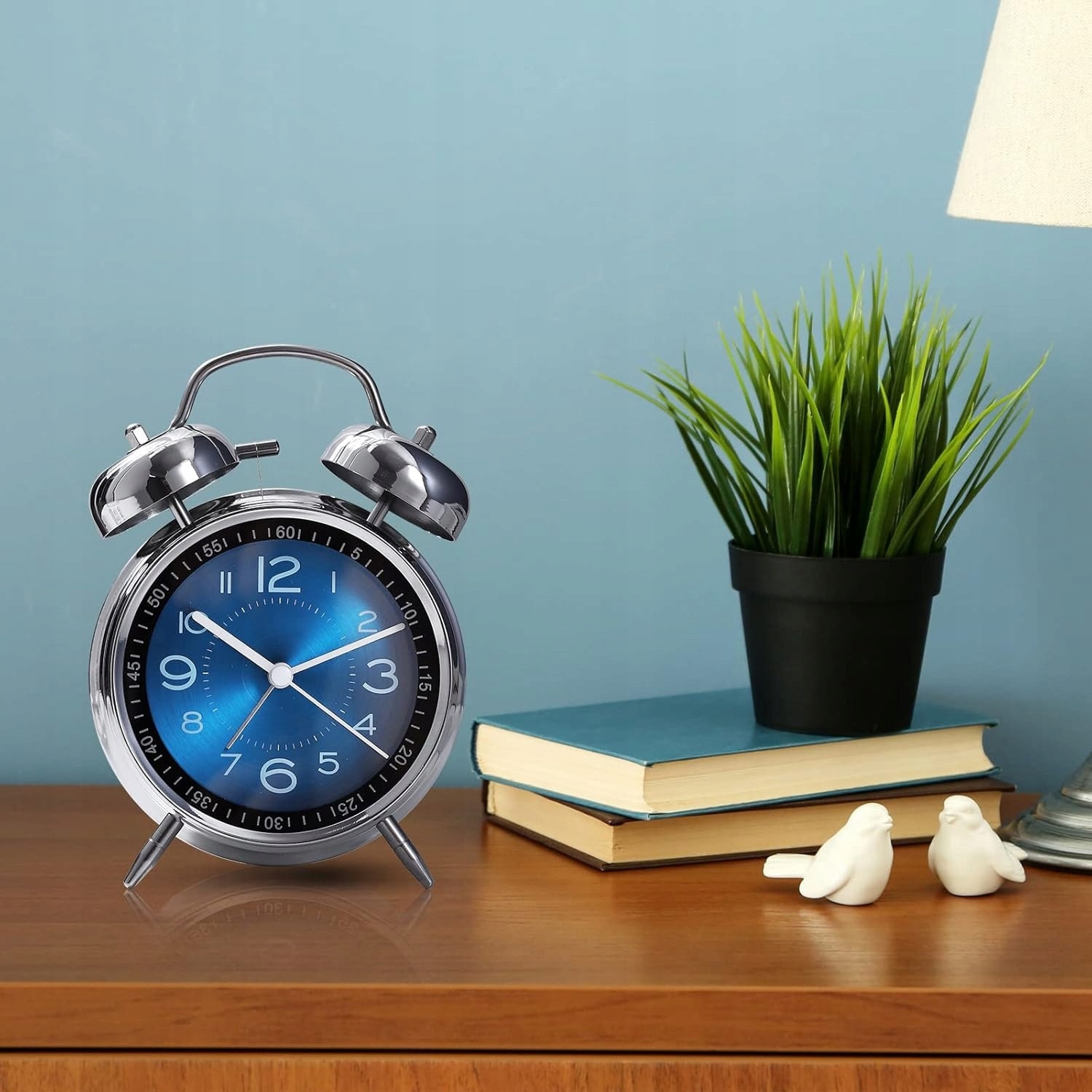 Ceas de alarma retro cu clopotei, albastru si argintiu, ceas ...