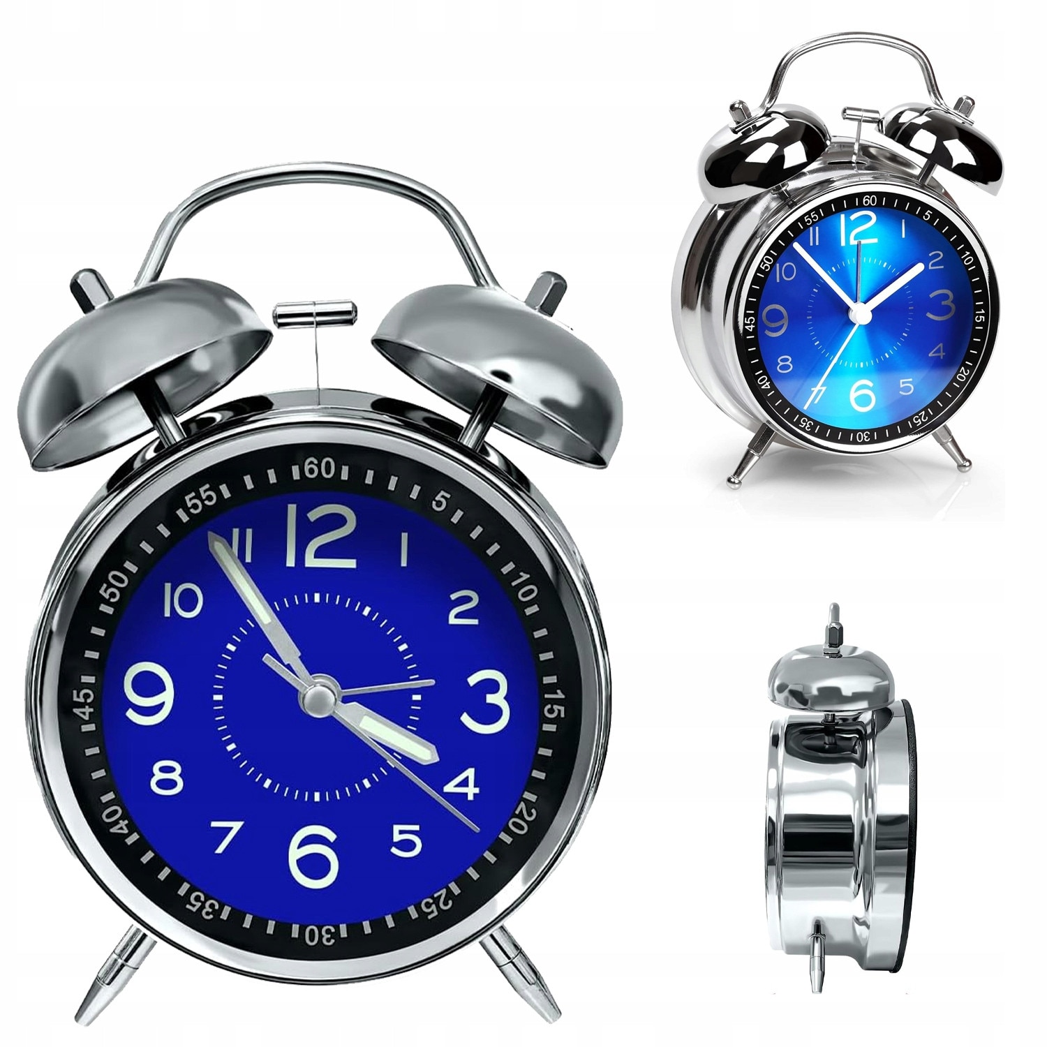 Ceas de alarma retro cu clopotei, albastru si argintiu, ceas ...