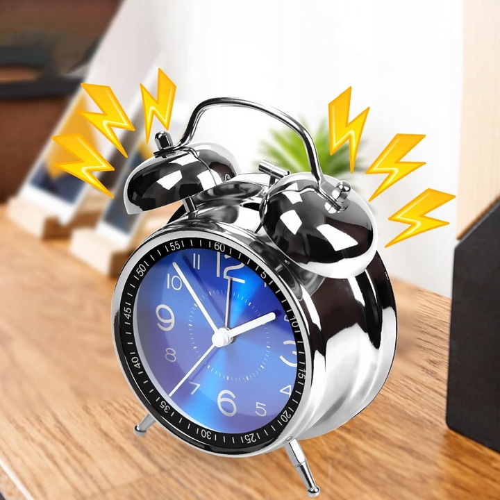 Ceas de alarma retro cu clopotei, albastru si argintiu, ceas ...