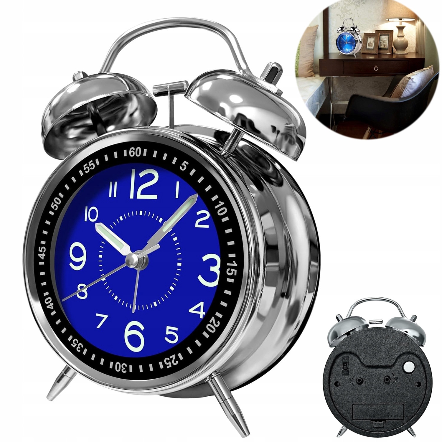 Ceas de alarma retro cu clopotei, albastru si argintiu, ceas ...