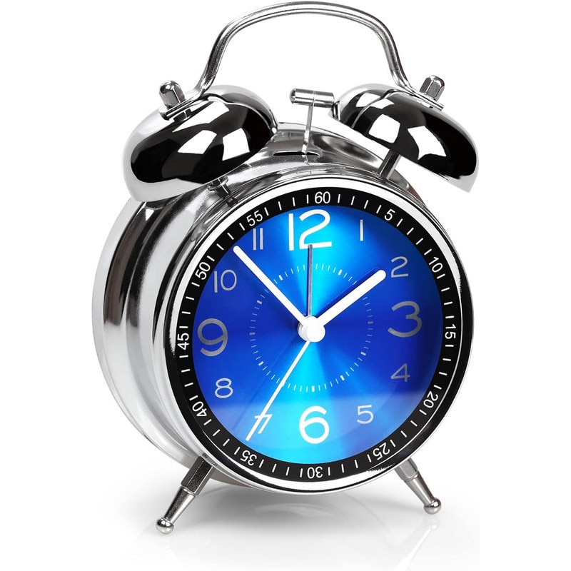 Ceas de alarma retro cu clopotei, albastru si argintiu, ceas ...