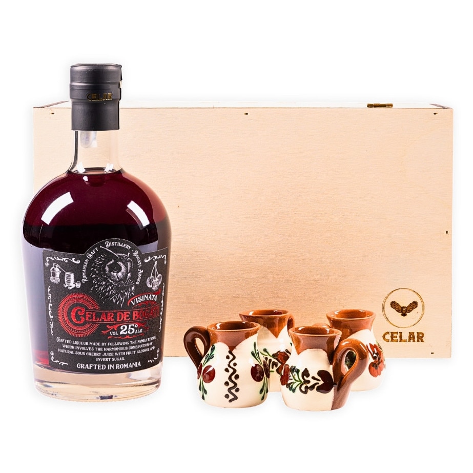 Cadou Visinata Premium 25% 700ml si 4 cescute artizanale, CELAR - eMAG.ro
