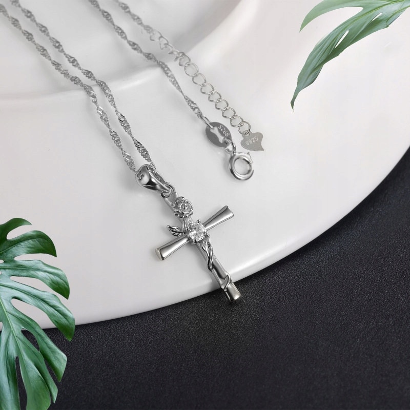 Lant cu cruce, trandafir, argint 925 placat cu rodiu - eMAG.ro