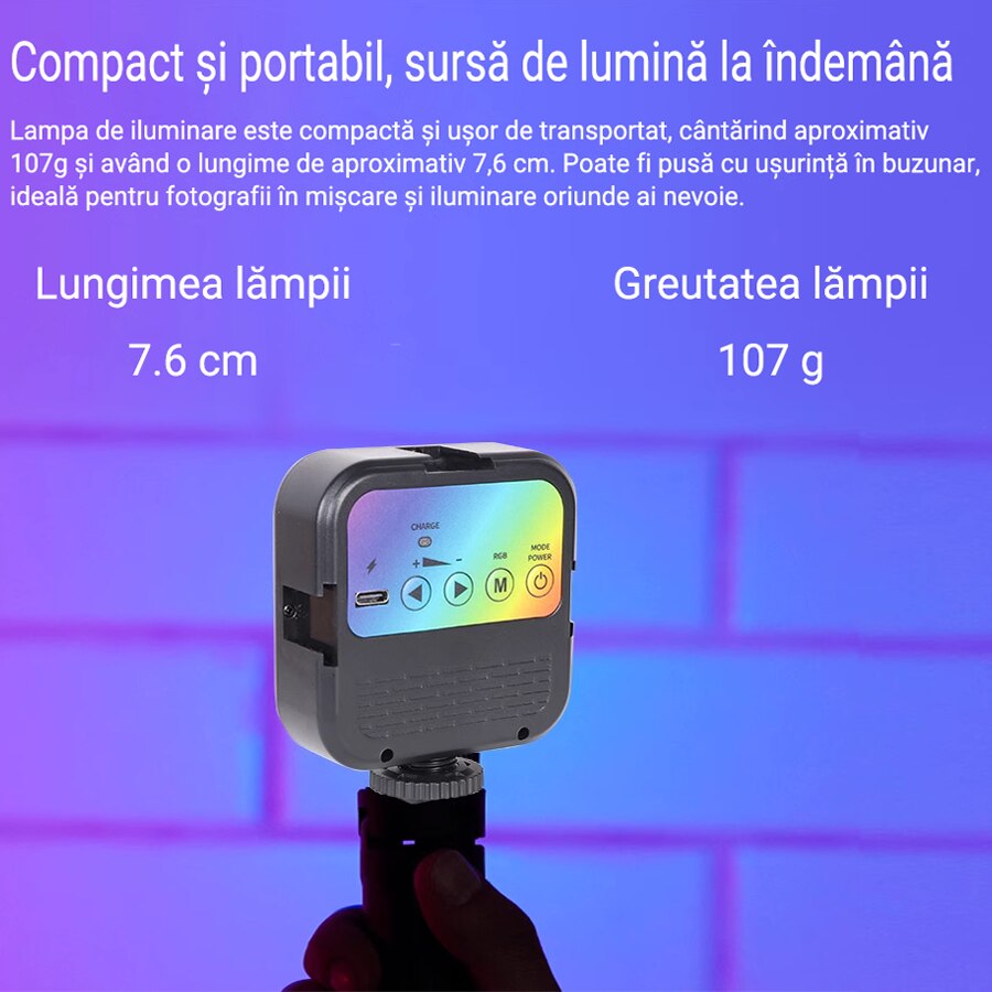 Lampa portabila RGB cu 70 de LED-uri, temperatura de culoare reglabila ...