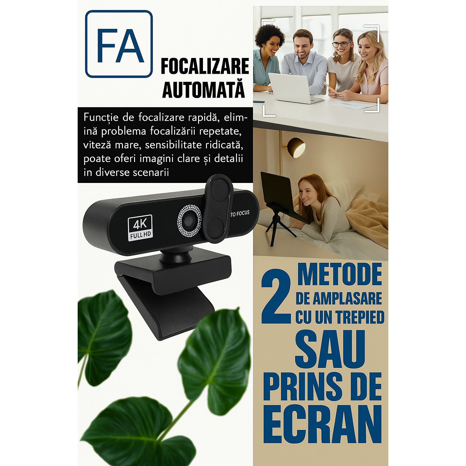 Camera Web Full HD 4K 4K TEQRO™, Model W7, Plug and Play, Autofocus ...