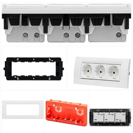 KIT complet Priza tripla Gewiss 6M, pentru doza 6M, 16A, plastic, Alb ...