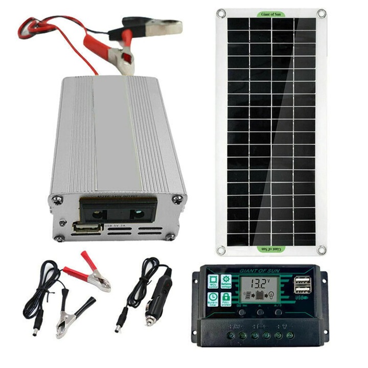 Kit panou solar 200W, 12V-220V, controller 100A, negru, dimensiuni 43 ...
