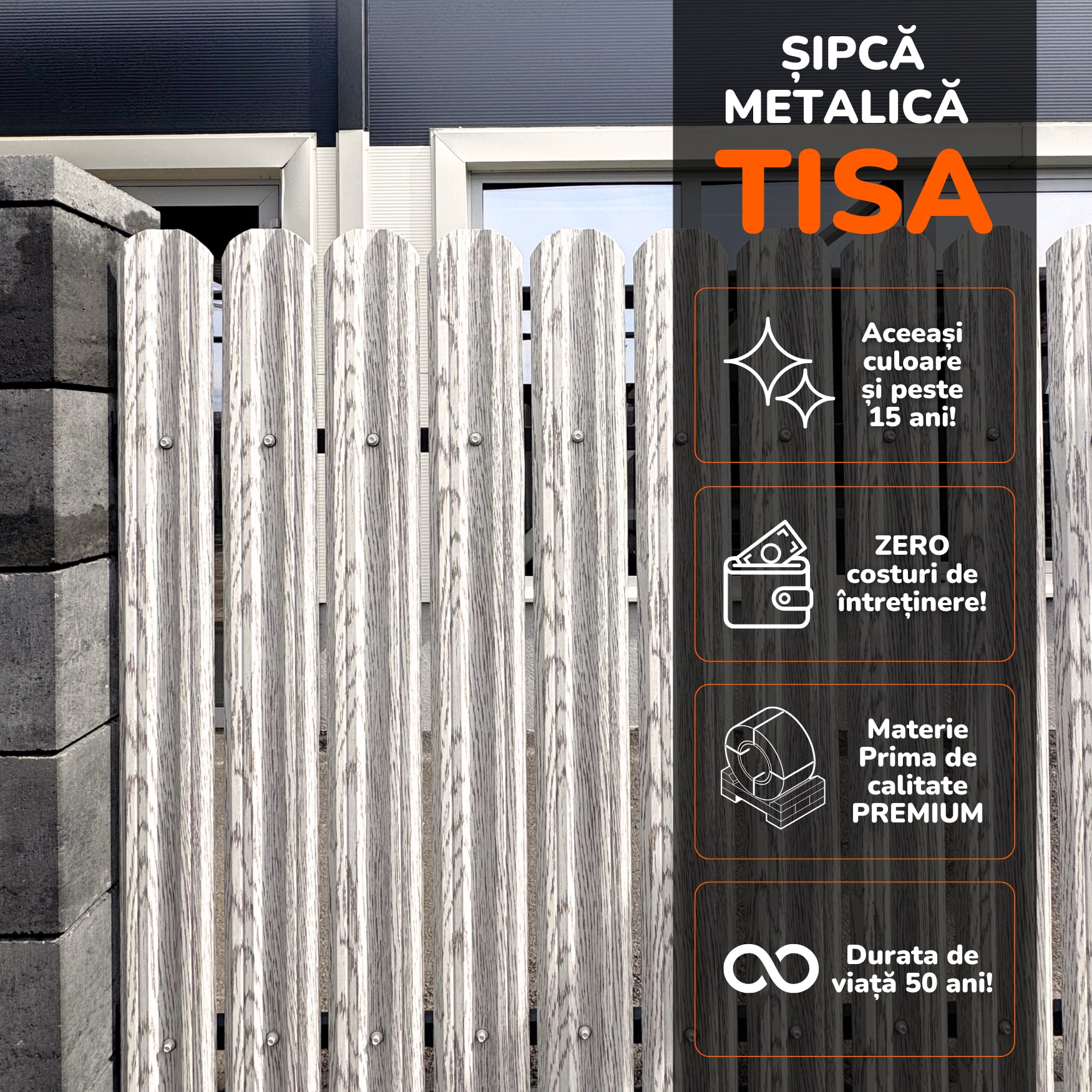 Gard Sipca Metalica Tisa, Set 25 buc. + suruburi, Stejar Alb - Imitatie ...