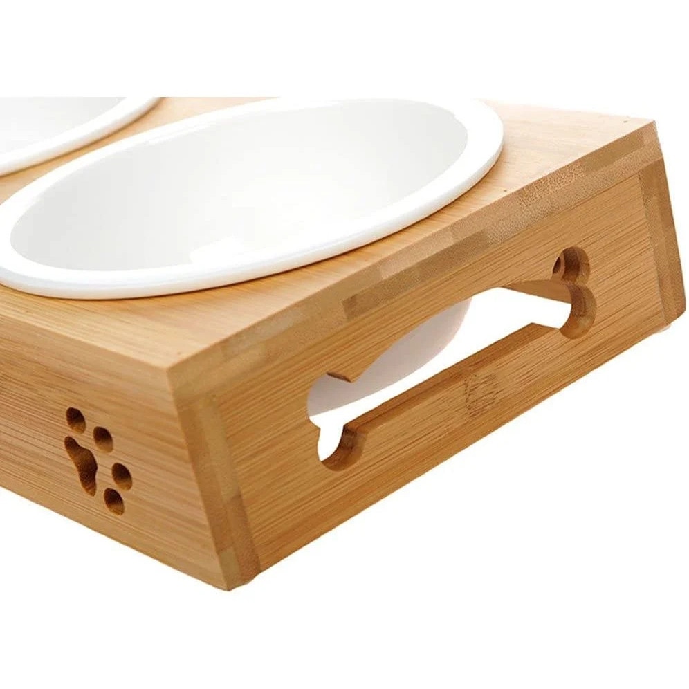 Set de castroane ceramice pentru pisici cu suport din bambus, medii ...