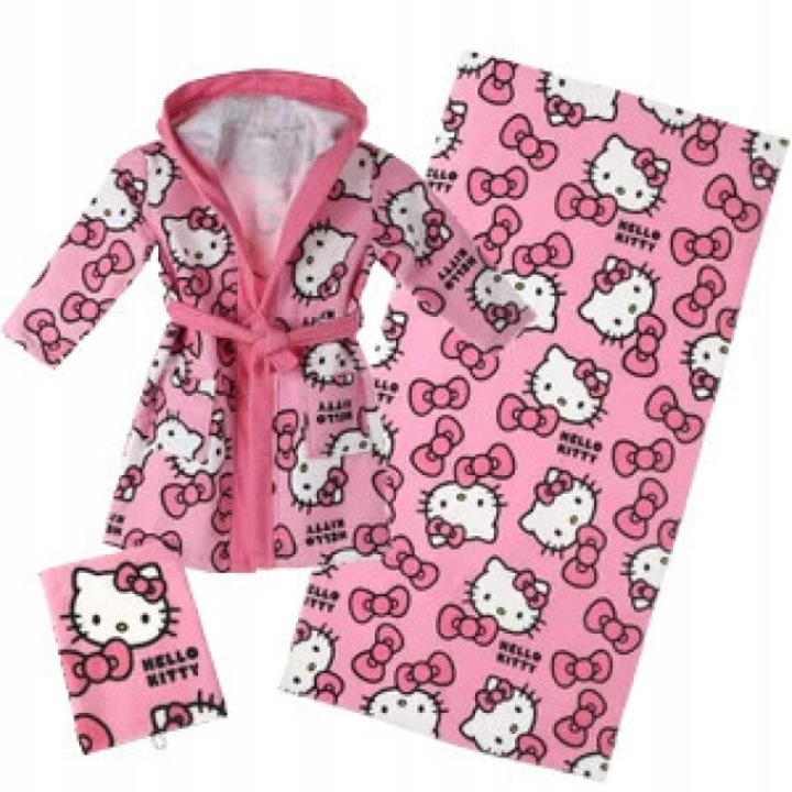 Set Halat baie cu gluga, manusa si prosop Hello Kitty 110-116 cm Roz ...