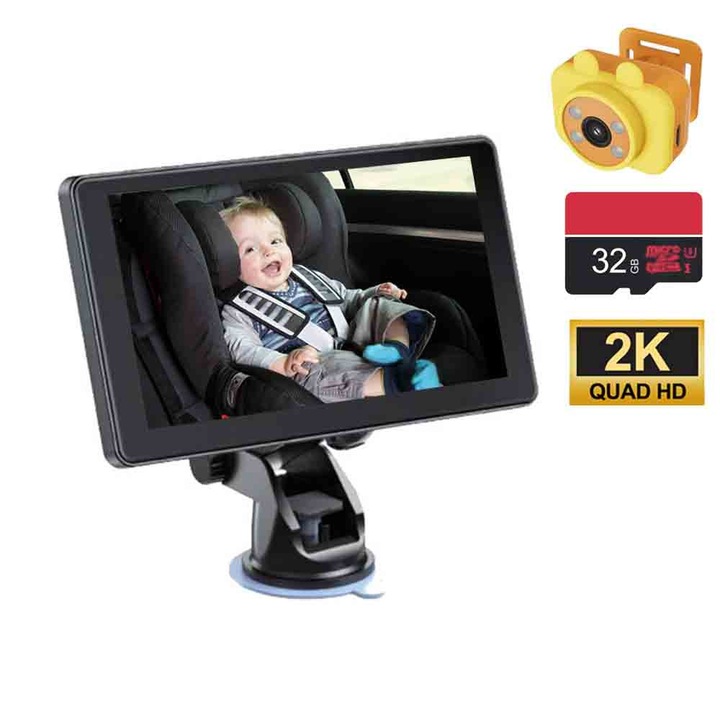 Camera auto bebelusi Soybean, 7 inch, 2K, noapte infrarosu, unghi 150 ...