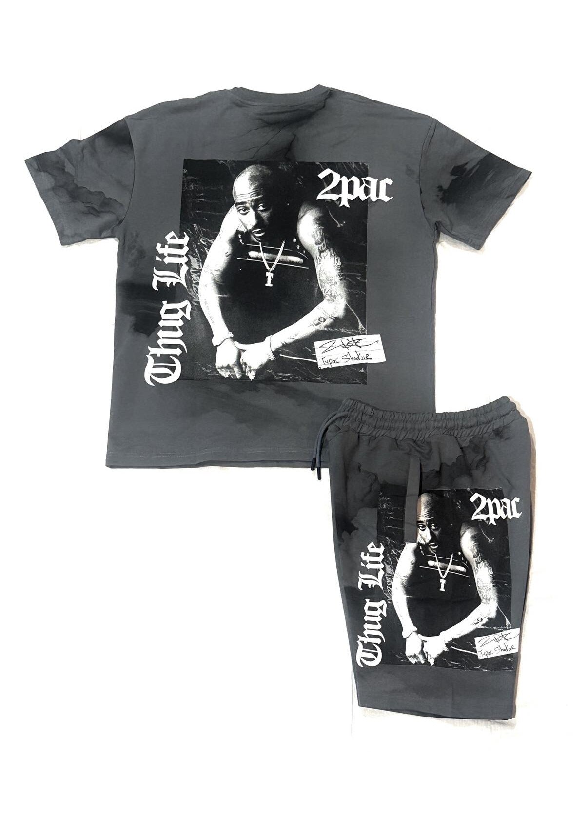 Compleu vara barbati 2PAC, tricou si pantaloni scurti, Acrylic, Gri, S ...