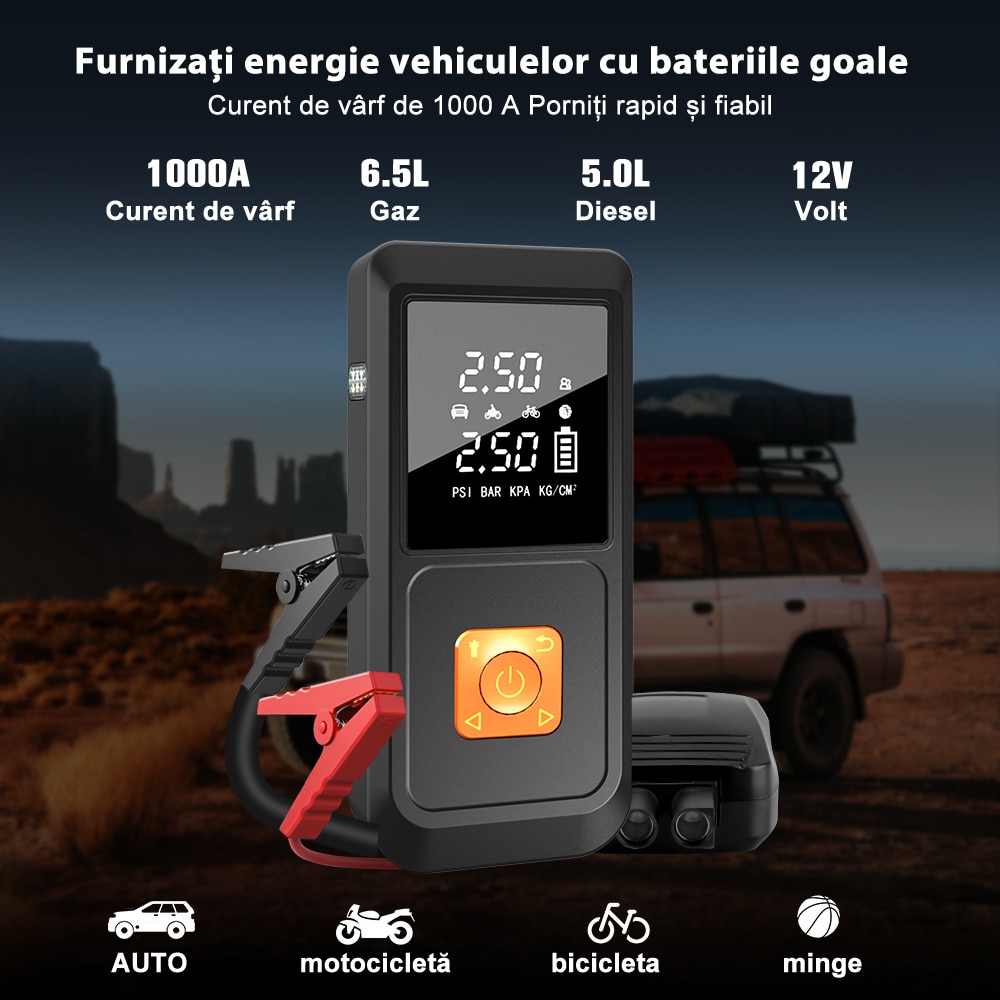 Starter auto portabil cu compresor de aer 1000A, Jump starter booster ...