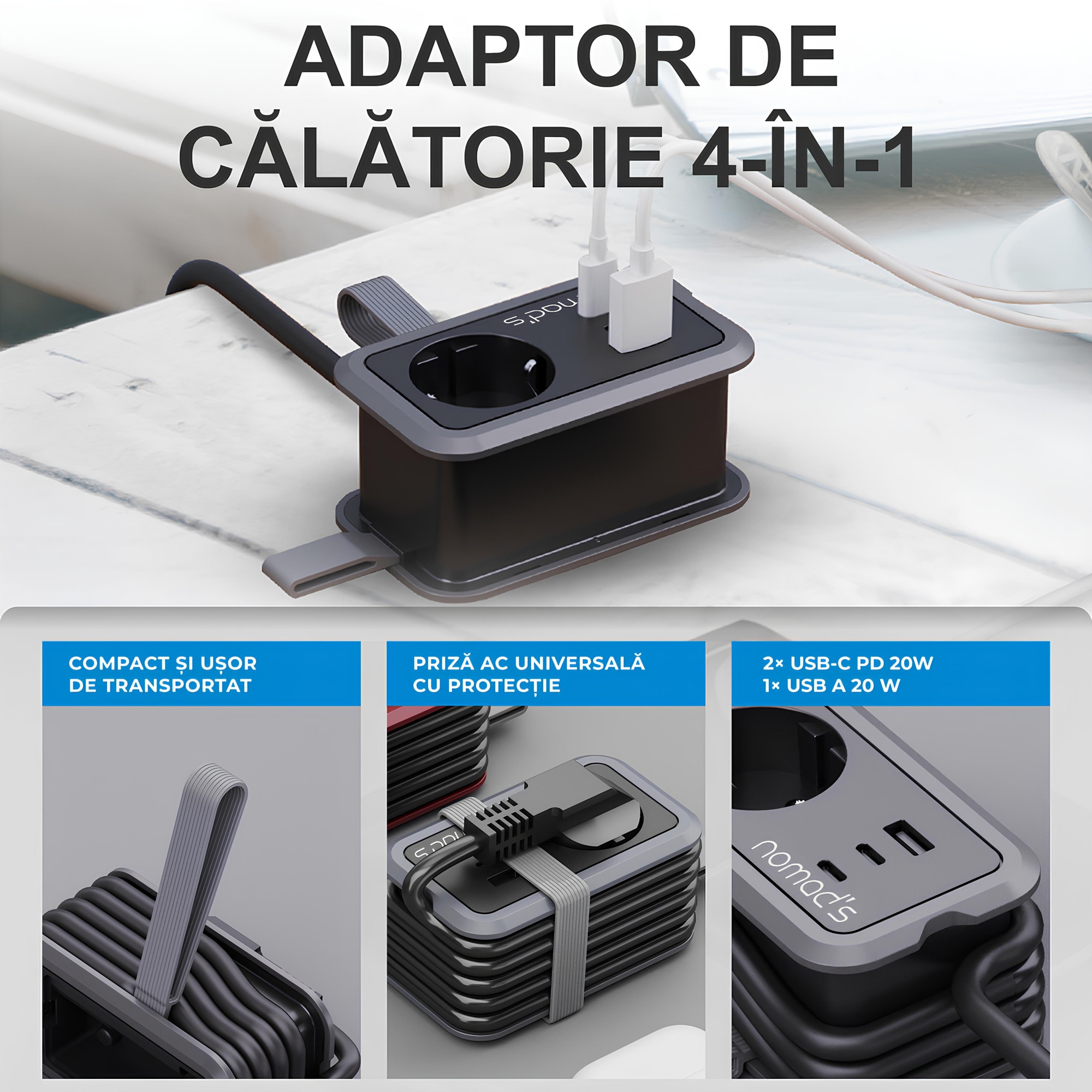 Prelungitor Compact pentru Calatorii, Casa si Birou, Prelungitor 4-in-1 ...