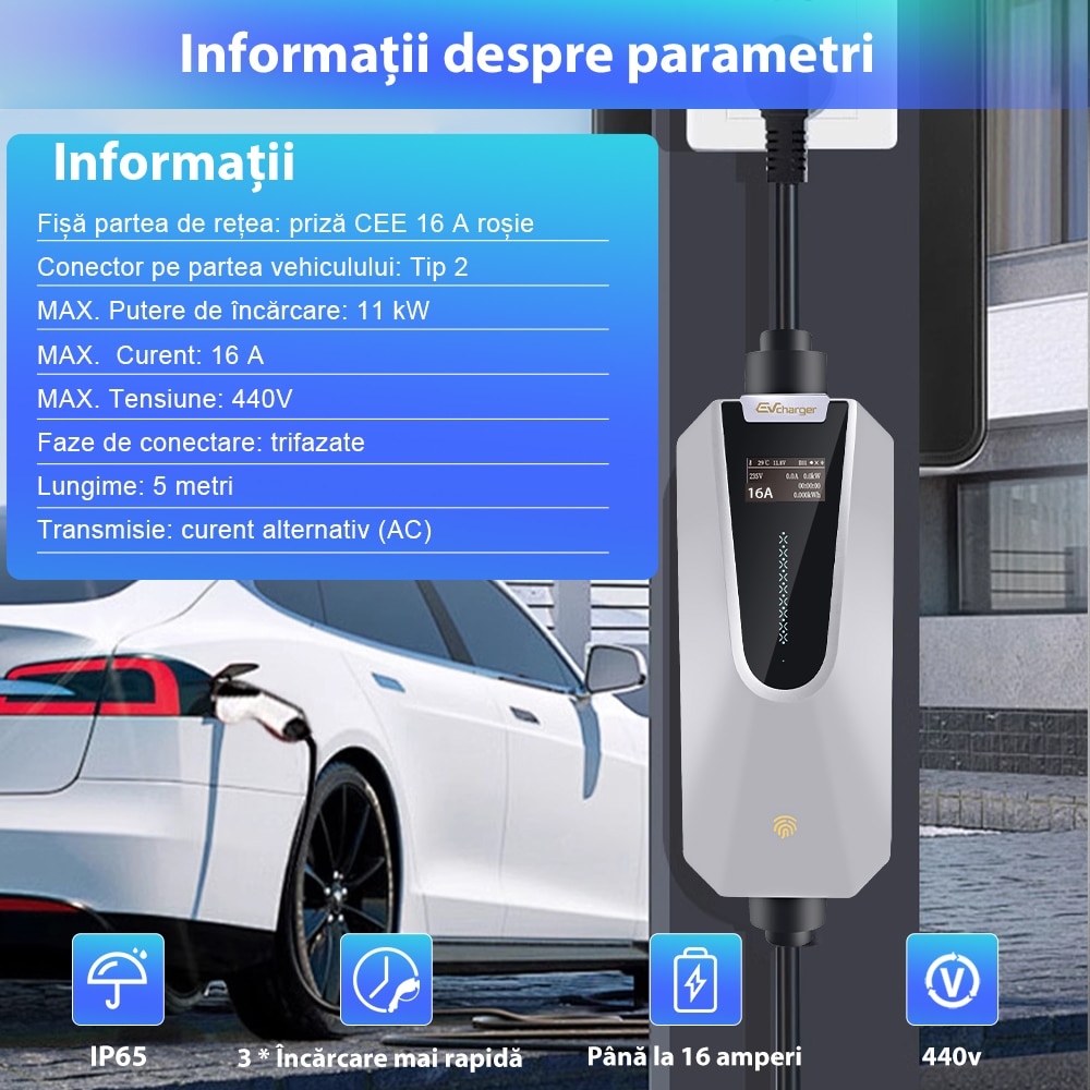 Statie de incarcare electrica portabila, 11kW, curent ajustabil (6/8/10 ...