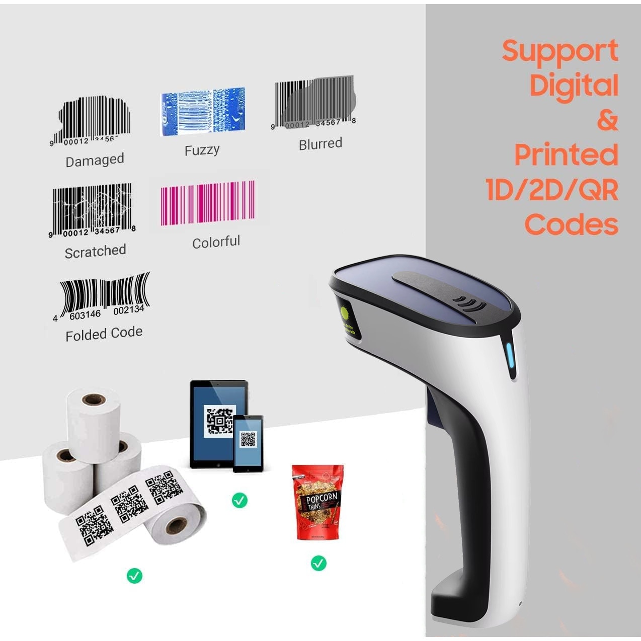 Cititor/Scanner coduri de bare cu laser，SHIJOOE，1D/2D/QR，150m，Wireless sau cablu，Bluetooth ...