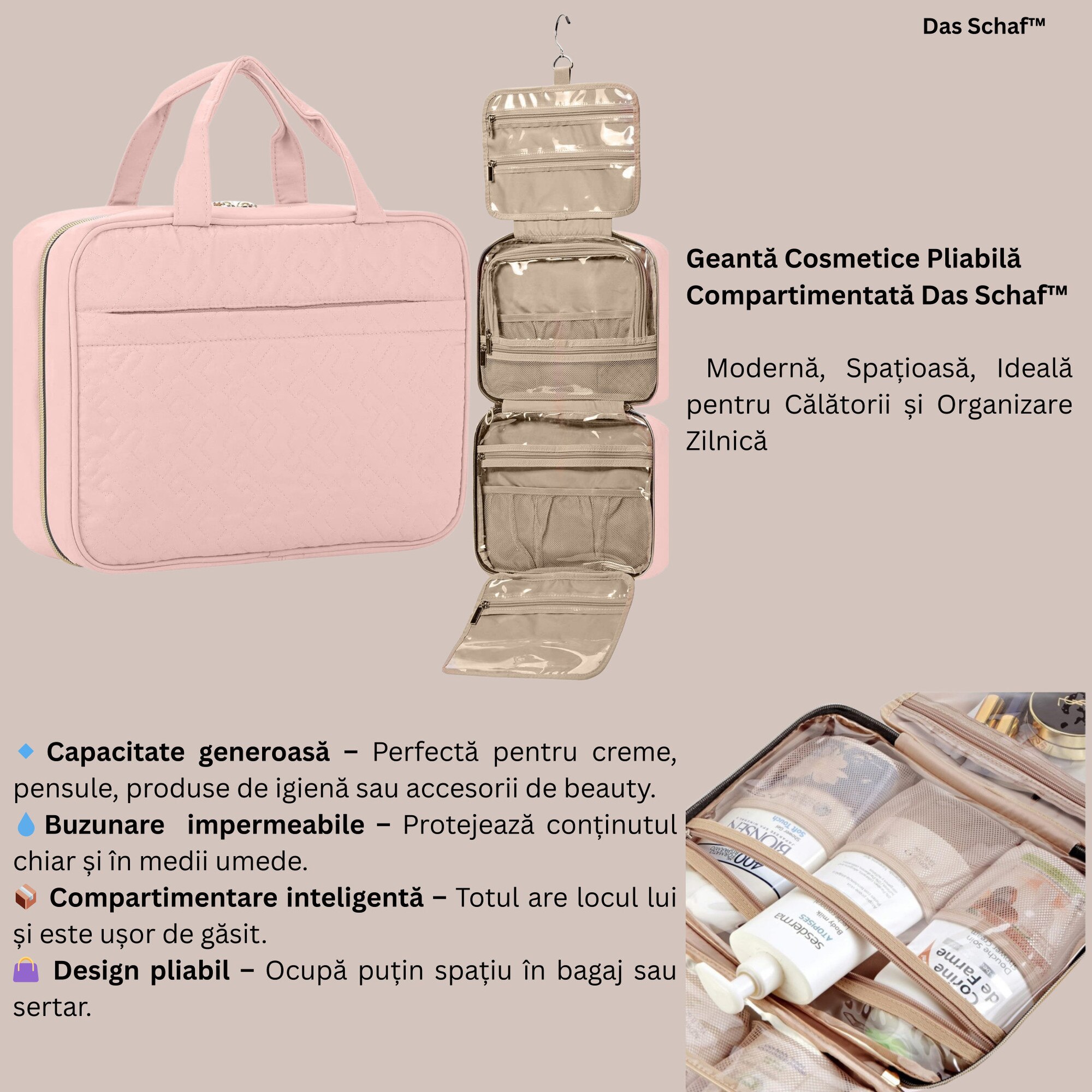 Geanta de cosmetice pliabila cu agatatoare Das Schaf™ - Setul include ...