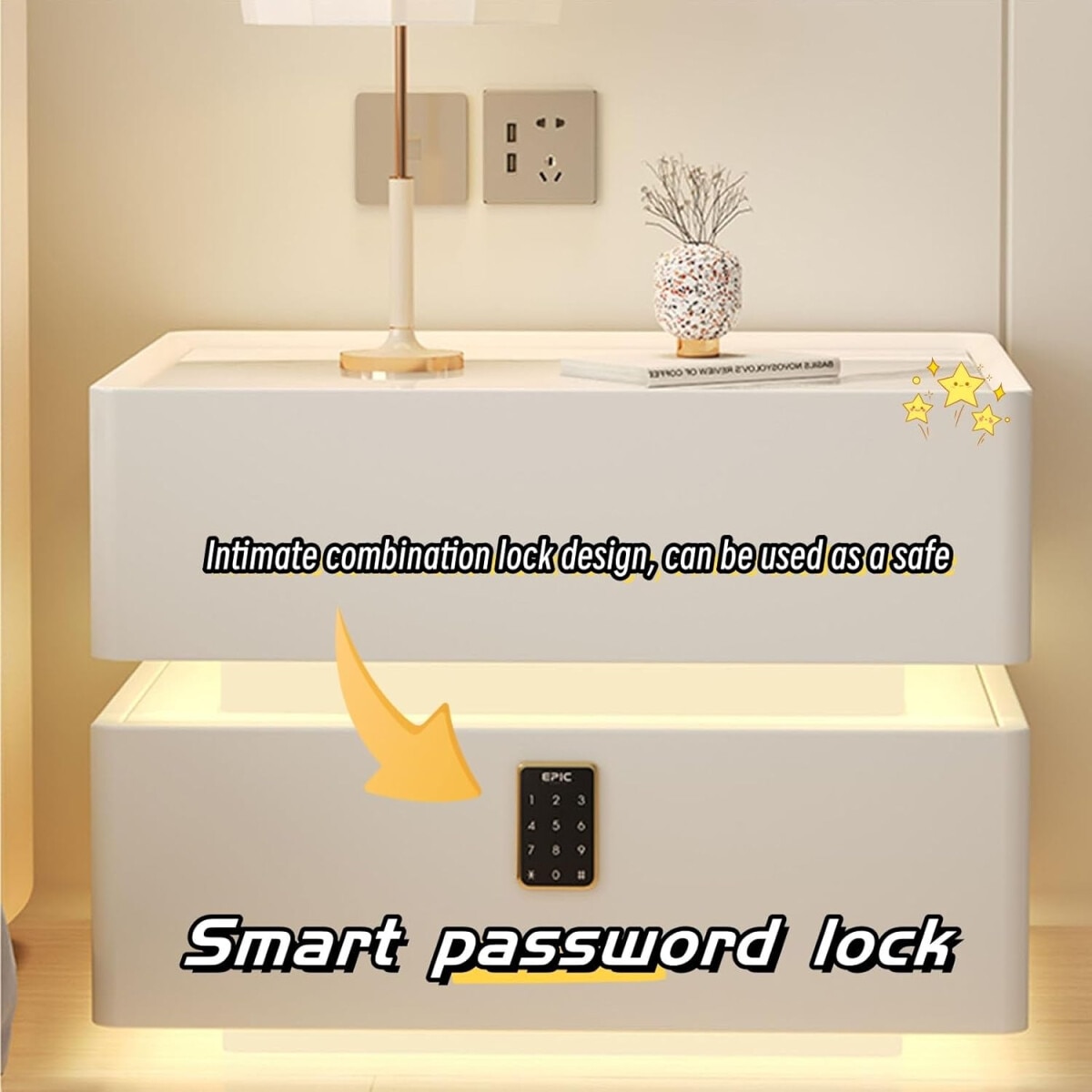 Noptiera inteligenta cu incarcare wireless, iluminare LED, 2 sertare de ...