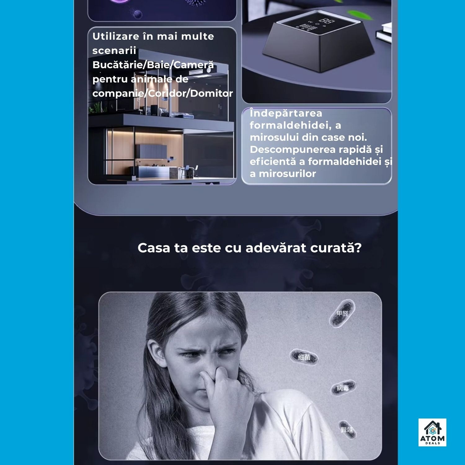 Purificator aer cu ozon ATOM Deals®, negru, eliminare mirosuri, poluare ...