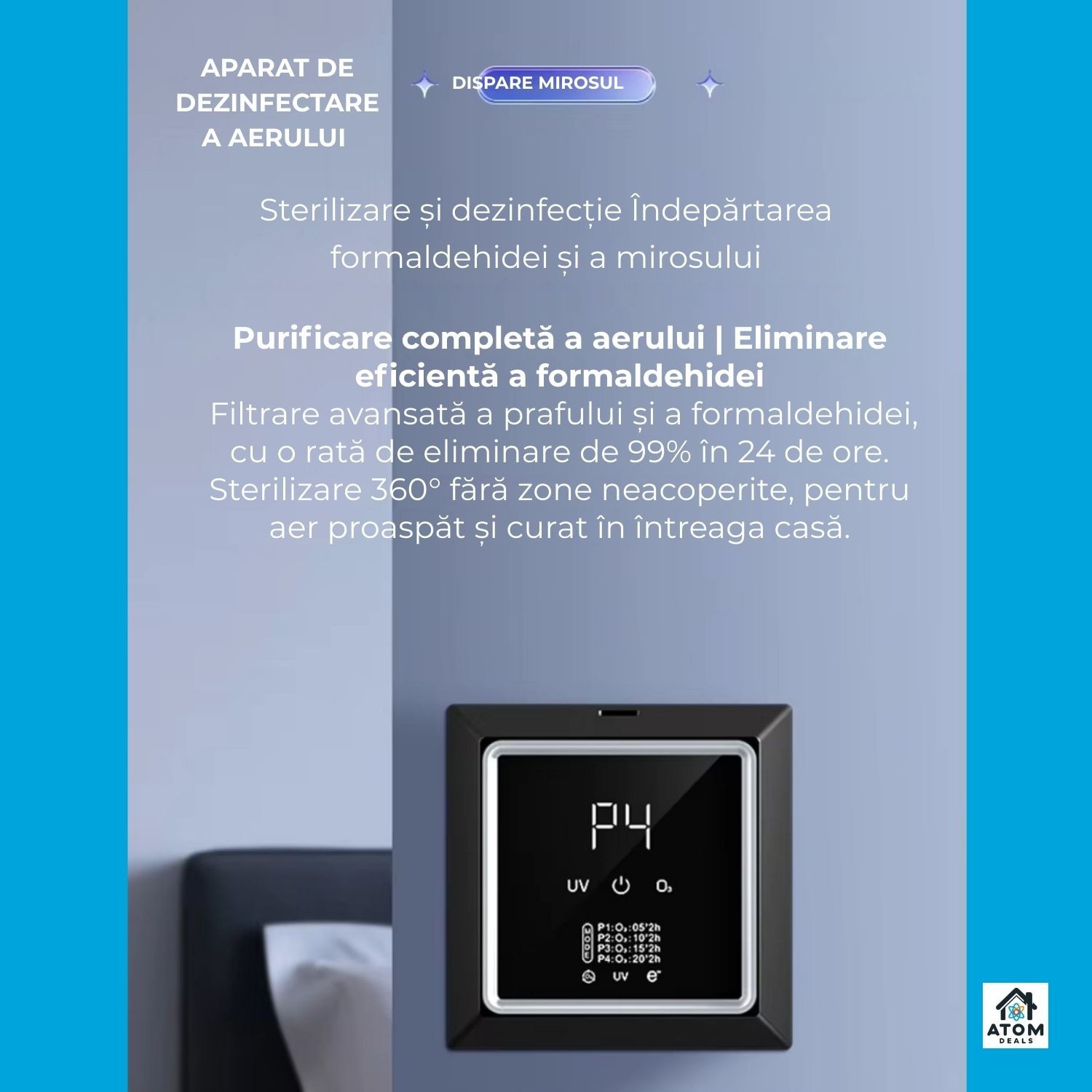 Purificator aer cu ozon ATOM Deals®, negru, eliminare mirosuri, poluare ...