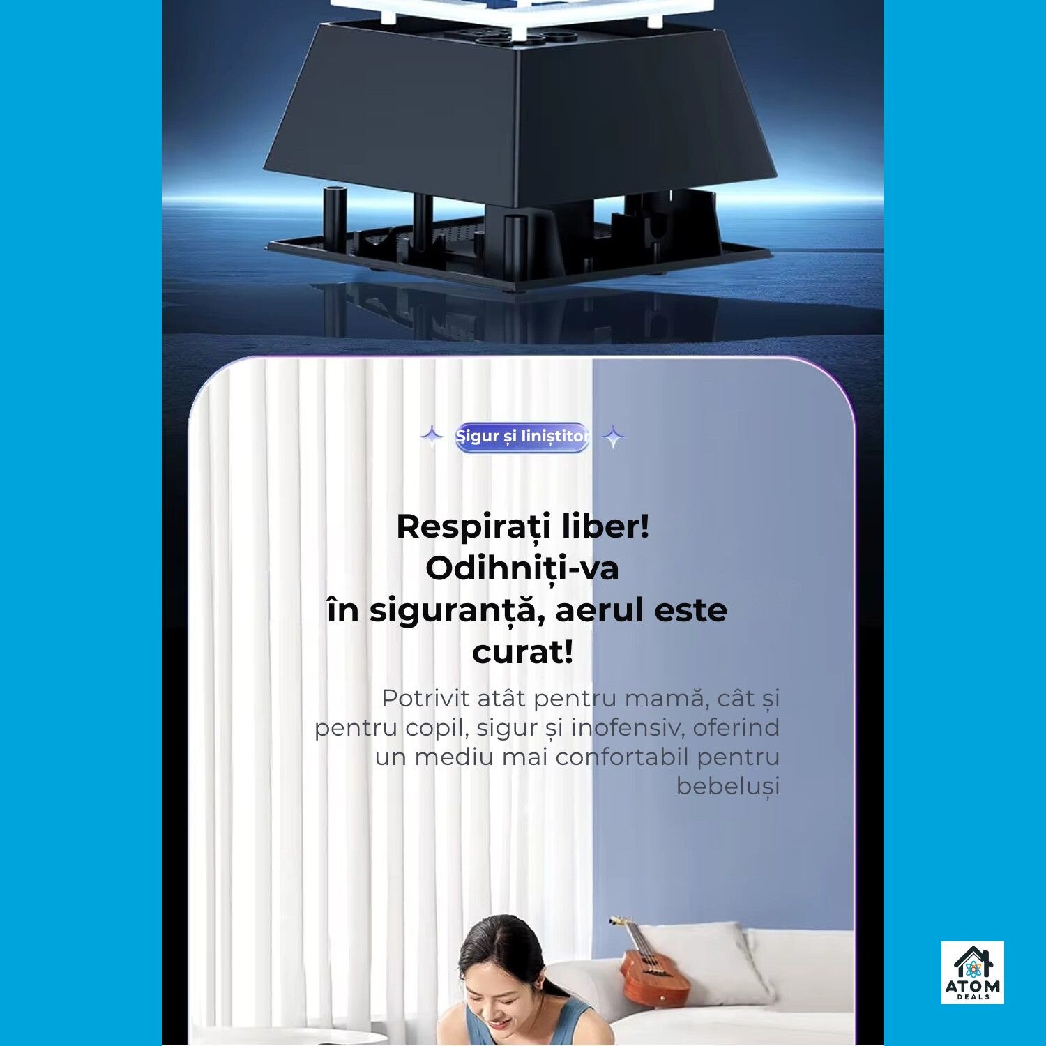 Purificator aer cu ozon ATOM Deals®, negru, eliminare mirosuri, poluare ...