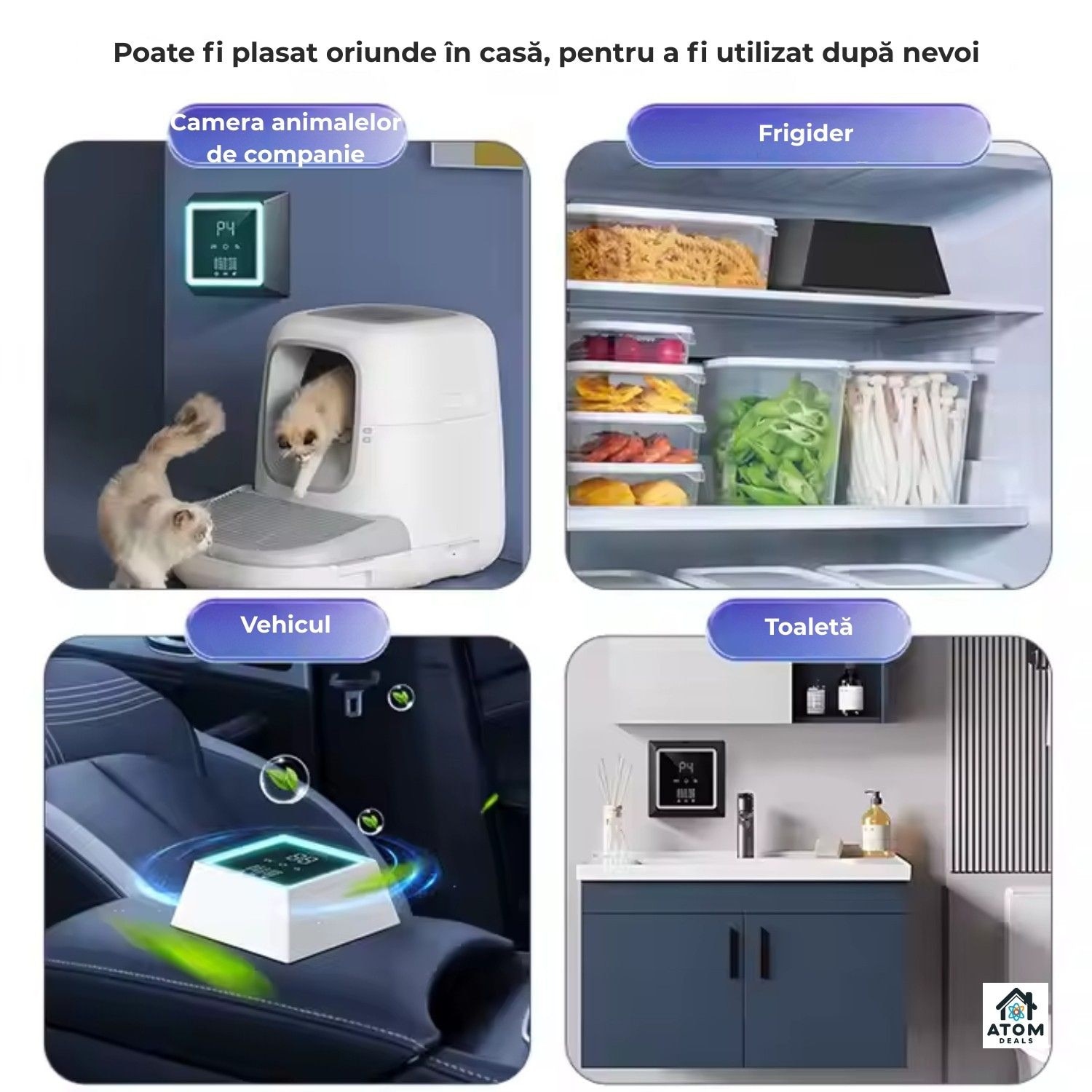 Purificator aer cu ozon ATOM Deals®, negru, eliminare mirosuri, poluare ...