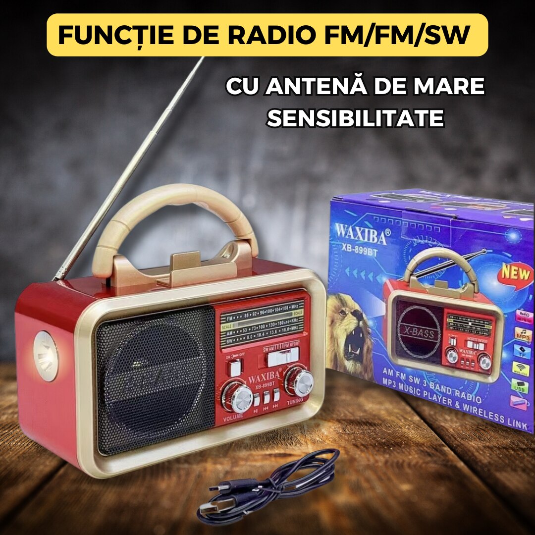 Radio portabil multifunctional XB-899 cu bluetooth, mp3, panou solar, lanterna integrata si ...