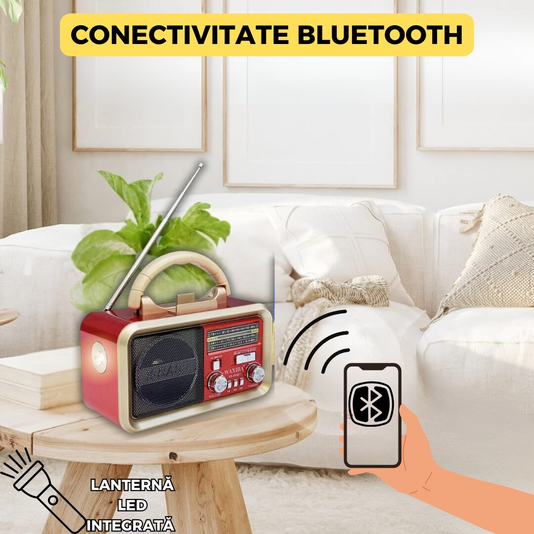 Radio portabil multifunctional XB-899 cu bluetooth, mp3, panou solar, lanterna integrata si ...