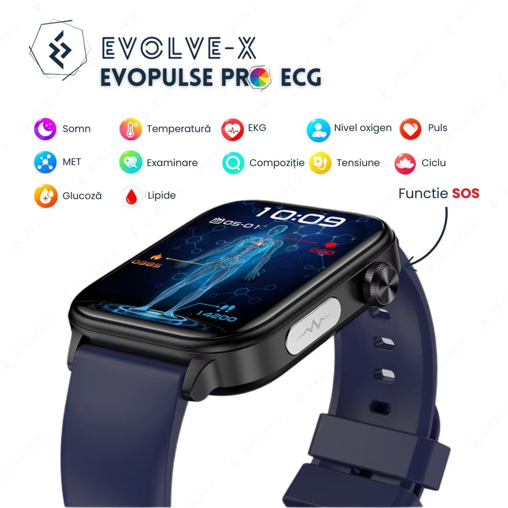 Ceas smartwatch Evolve-x® EvoPulse PRO, EKG, Apeluri si mesaje bluetooth, Glucometru ...