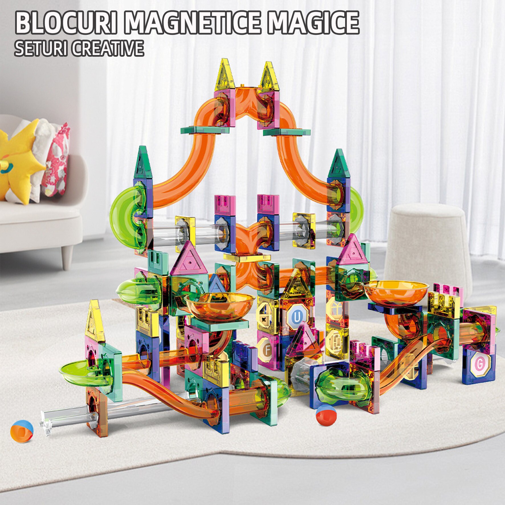 Set de constructie cu placi magnetice, 94 piese, Magneti Puternici ...