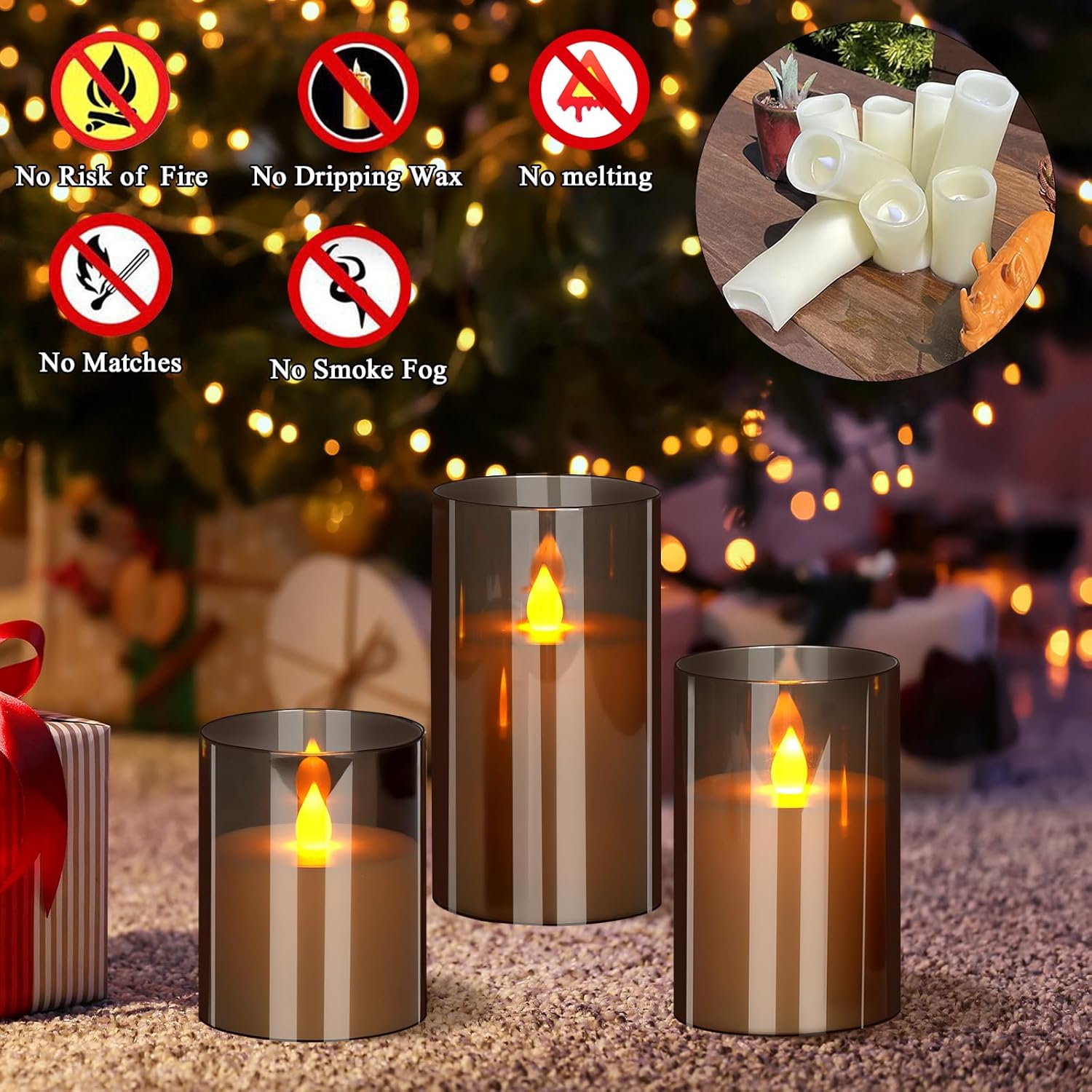 Set 3 Lumanari LED Fara Flacara, Acril, Telecomanda si Cronometru, Gri ...
