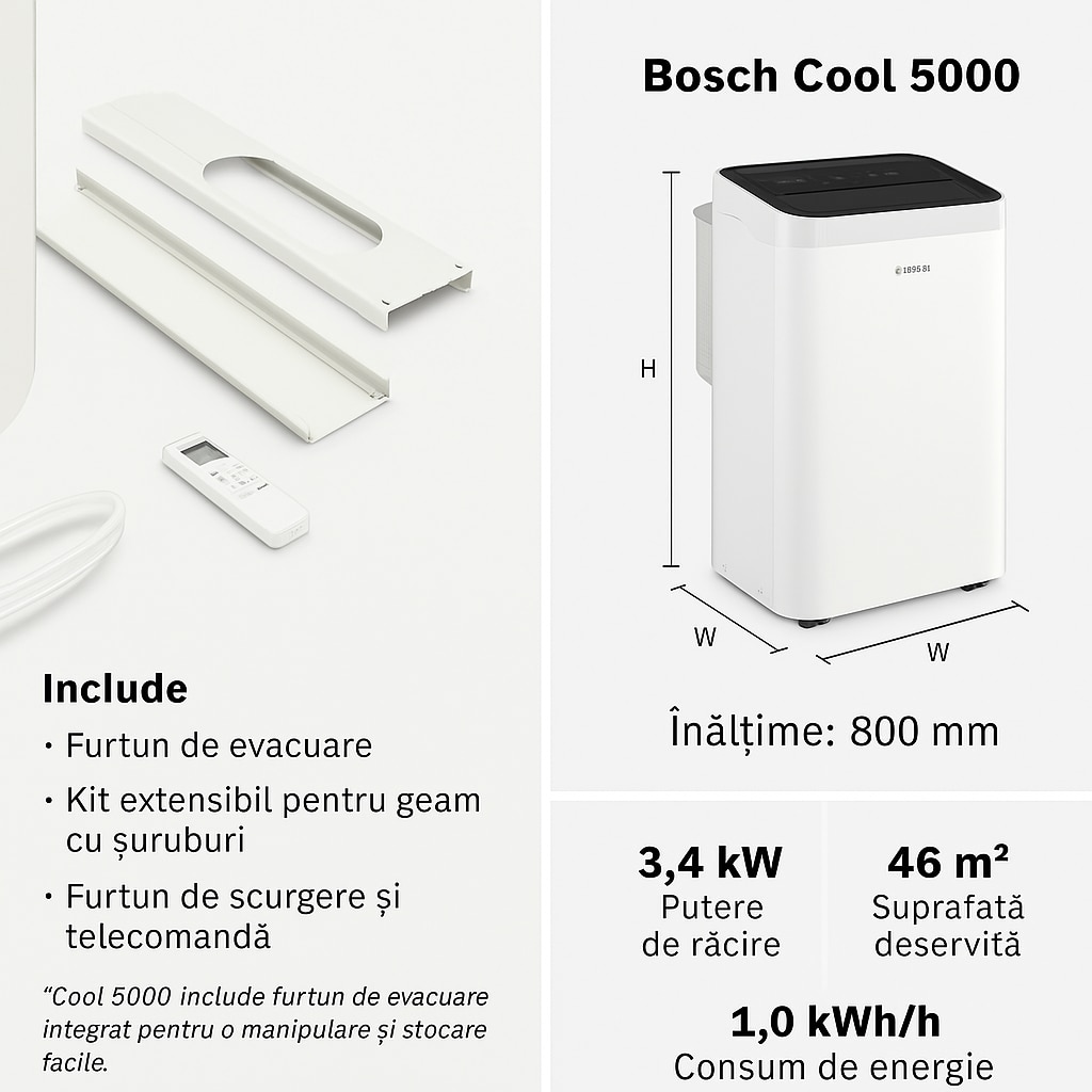 Aparat de aer conditionat portabil Bosch Cool 5000, 12000 BTU, Inverter ...