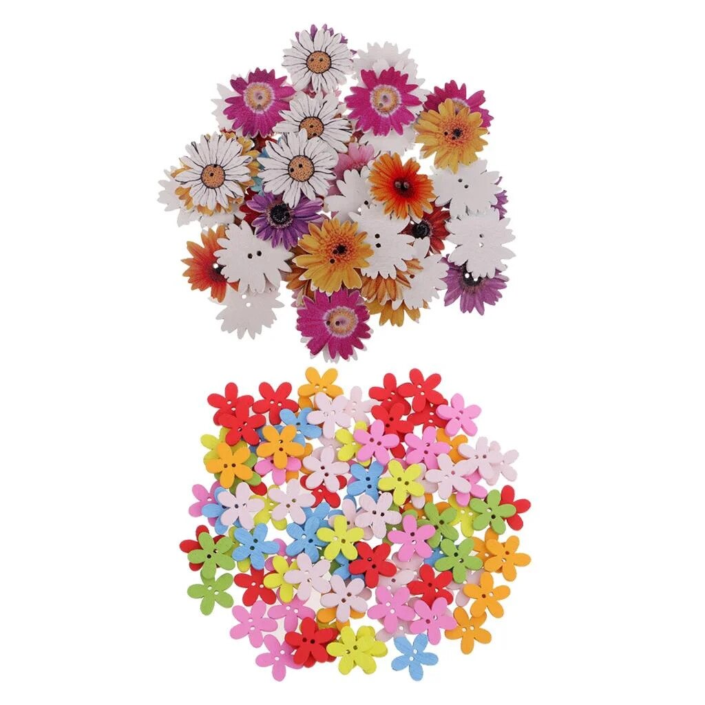 Set 150 Butoni din Lemn cu 2 Gauri, Flori Daisy, 15mm si 25mm ...