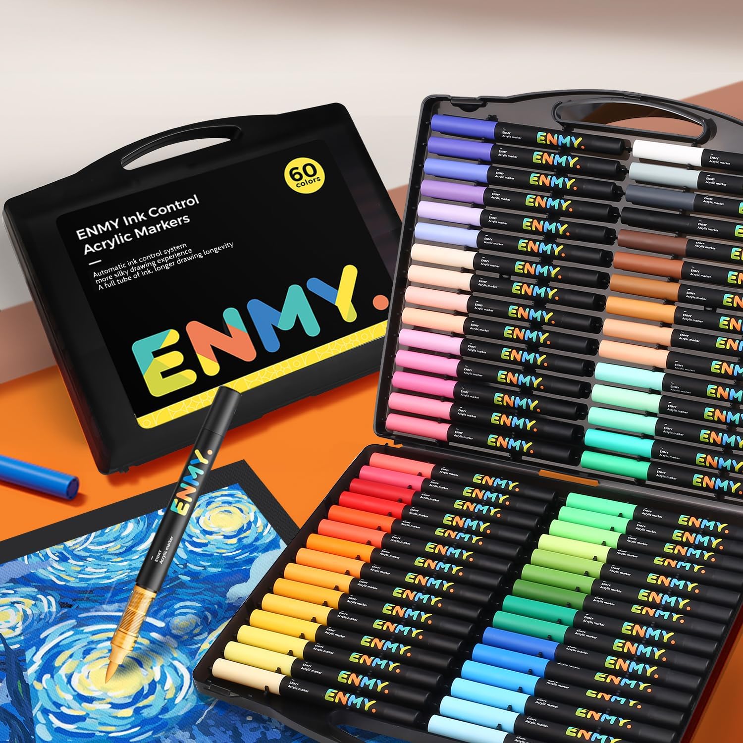 ENMY Set 60 Markere Acrilice cu Flux Direct de Cerneala, Varf Perie ...