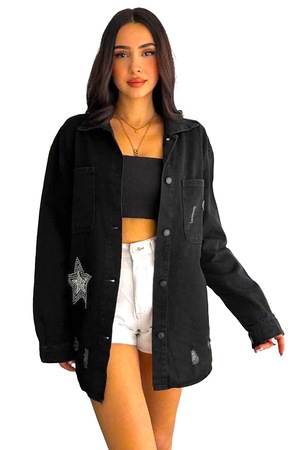 Geaca lunga de blugi Focus, croiala tip camasa, perforatii - eMAG.ro