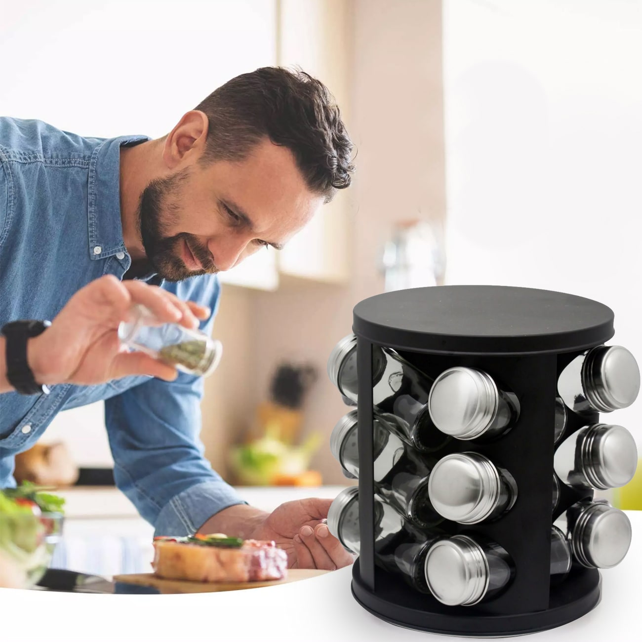 Borcane de condimente pe suport, Zephyr, Inox, 12 buc. borcane, Negru ...