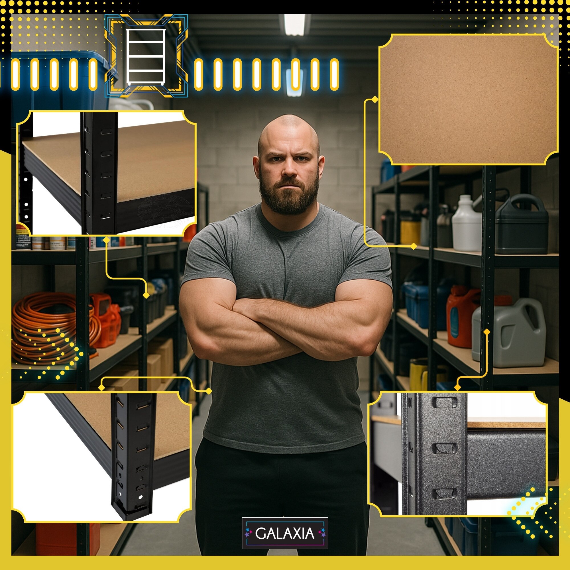 Raft metalic depozitare GALAXIA®, 5 polite MDF, 180x90x40 cm, 175 kg ...