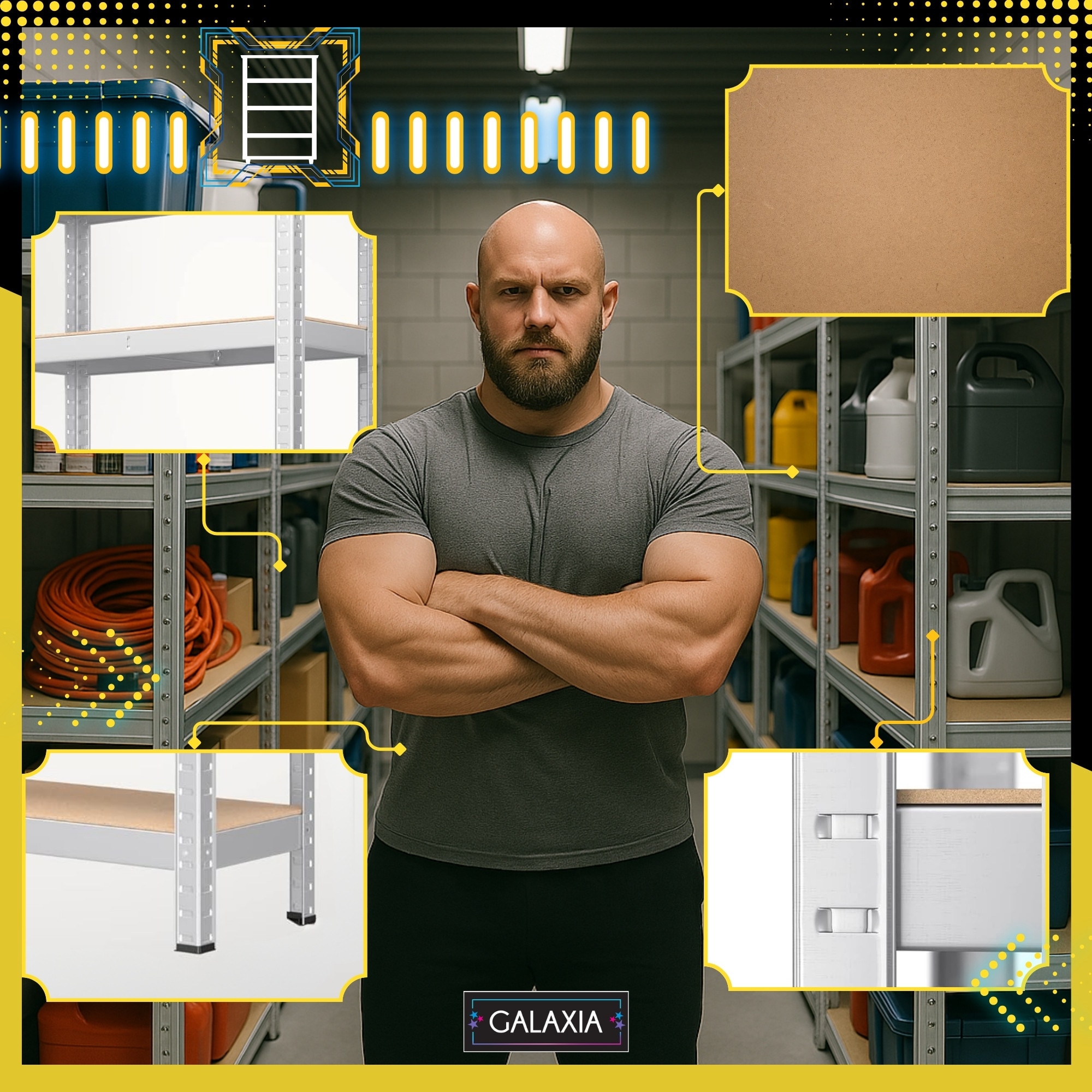 Raft metalic depozitare GALAXIA®, 5 polite MDF, 180x90x40 cm, 175 kg ...