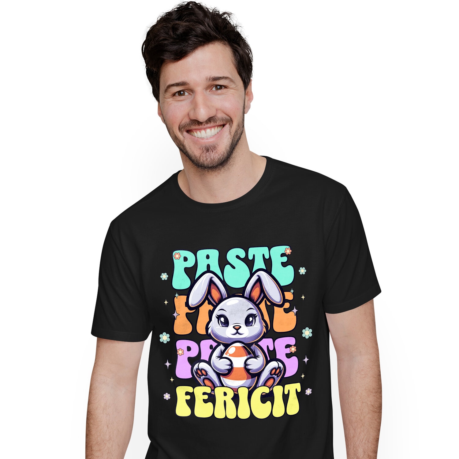 Tricou Barbati cu Iepure De Paste Mov Vesel Cu Ou Colorat In Brate ...