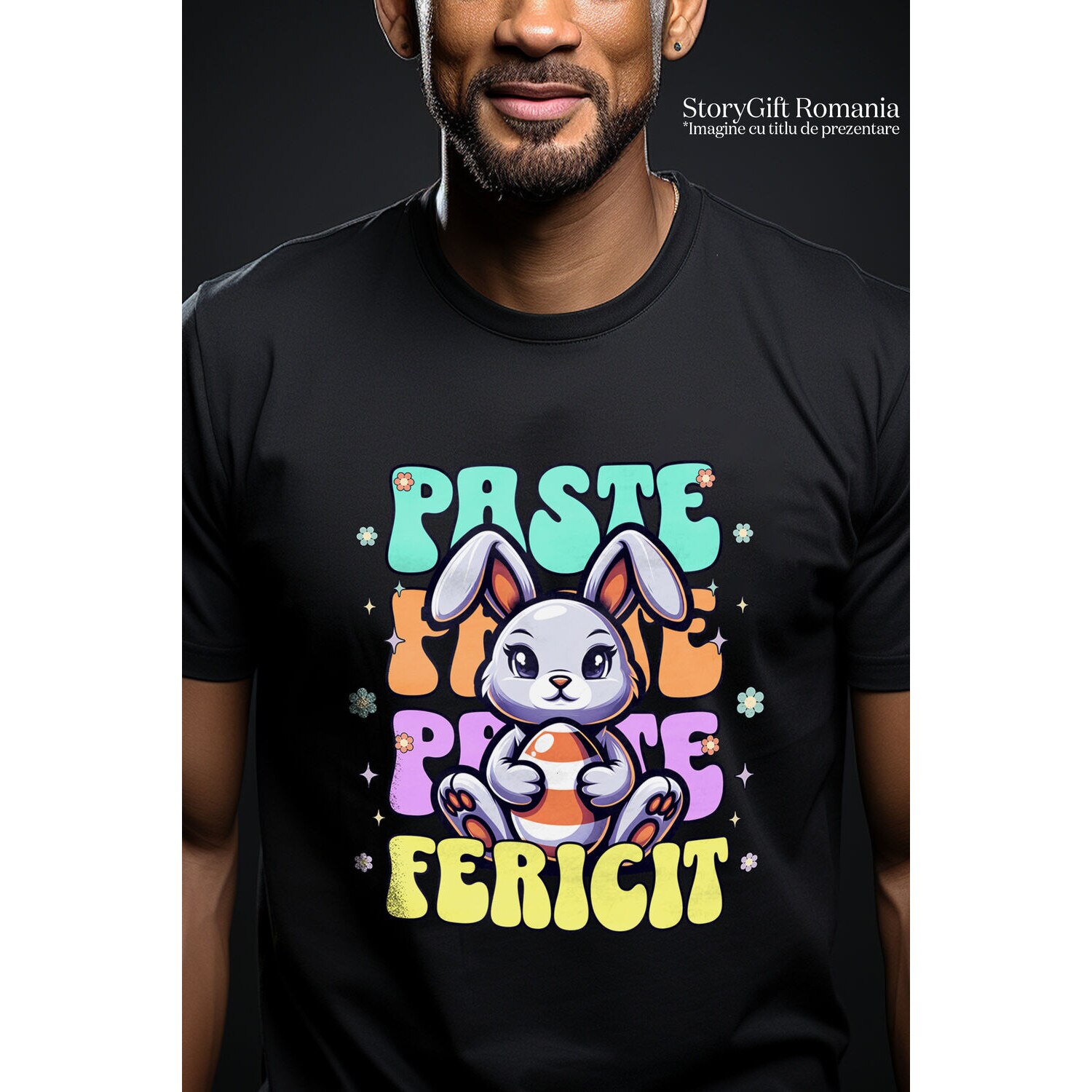 Tricou Barbati cu Iepure De Paste Mov Vesel Cu Ou Colorat In Brate ...