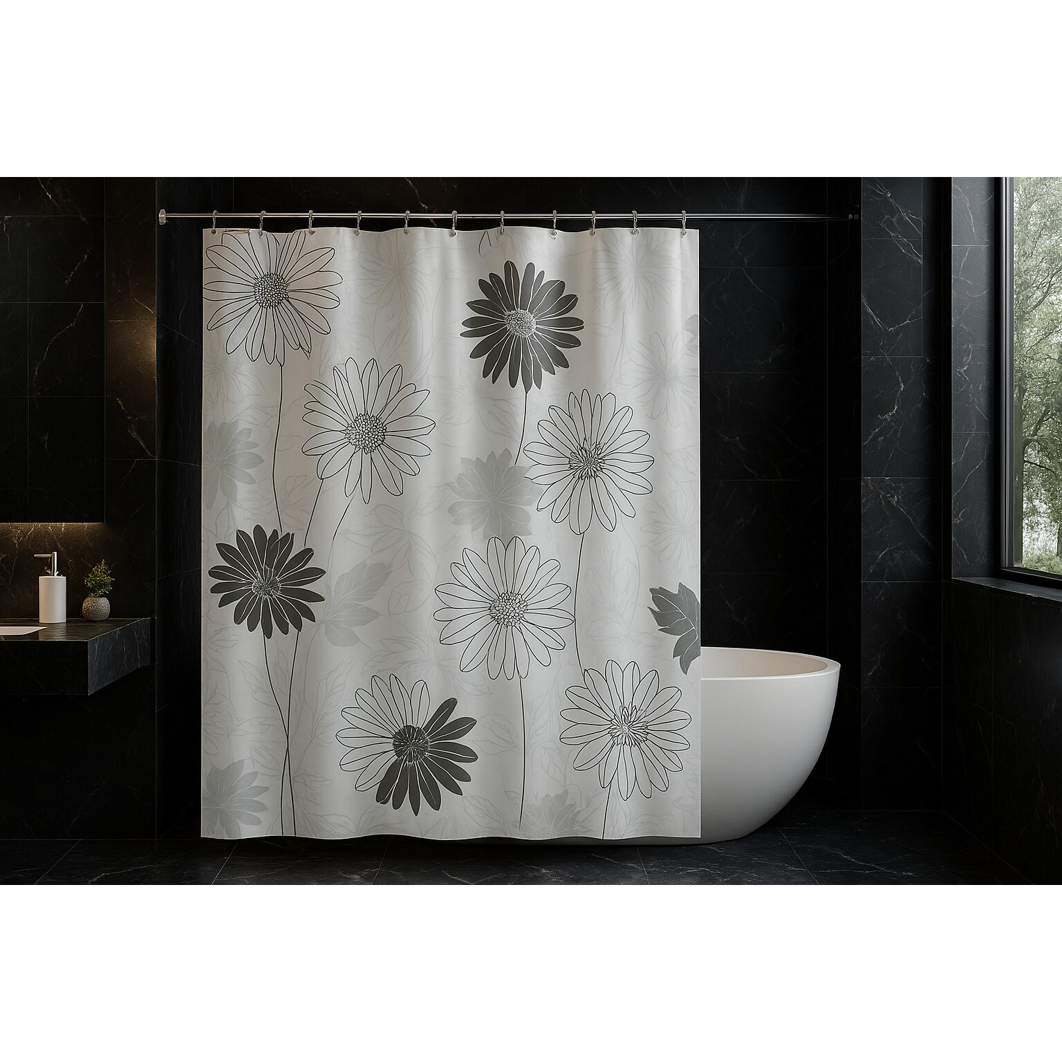Perdea de Dus 180x180 cm, Model Floral Alb-Negru, Impermeabila, Anti ...