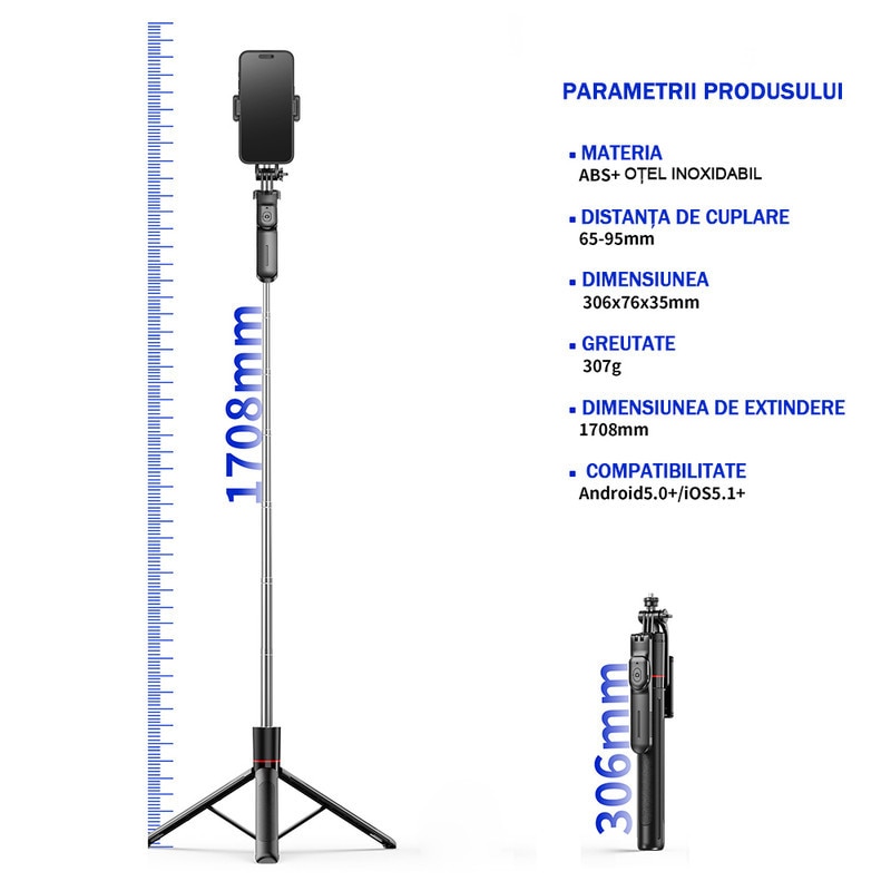 Suport Telefon 2 in 1, Trepied si Selfie Stick, extensie 170cm ...