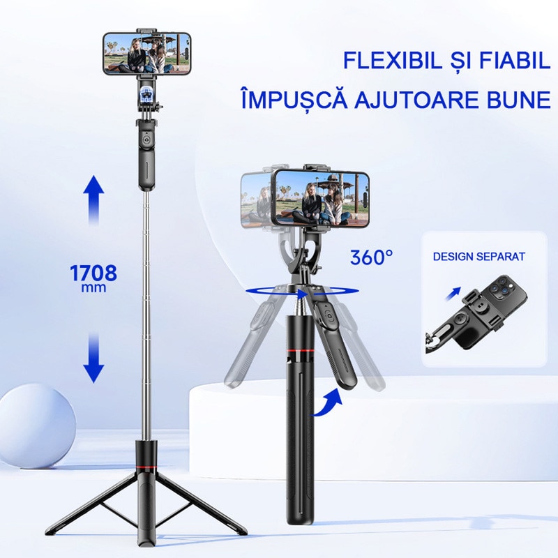 Suport Telefon 2 in 1, Trepied si Selfie Stick, extensie 170cm ...