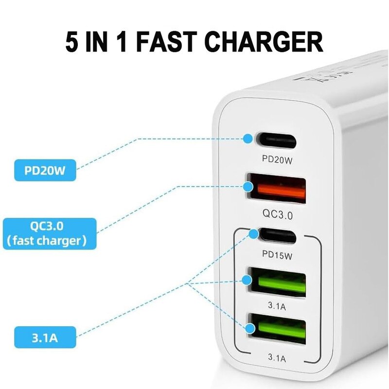 Incarcator rapid multiport 65W, 5 porturi USB-C si USB-A, tehnologie ...