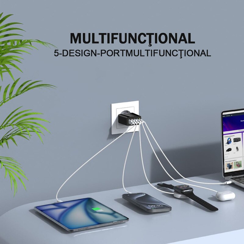 Incarcator rapid multiport USB-C 65W, 5 porturi, tehnologie QC3.0 ...