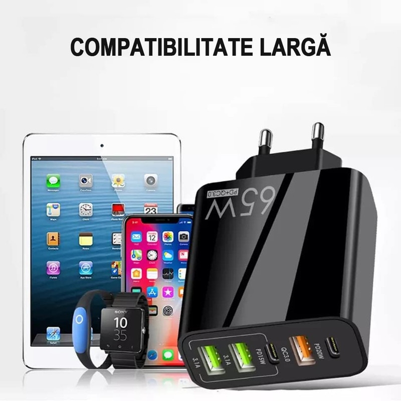 Incarcator rapid multiport USB-C 65W, 5 porturi, tehnologie QC3.0 ...